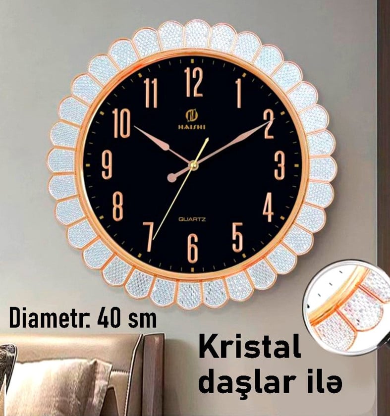 ᐈ Divar saatı yumru 40 sm qara/qızılı, saniyə əqrəbi, dairə, kvars ...