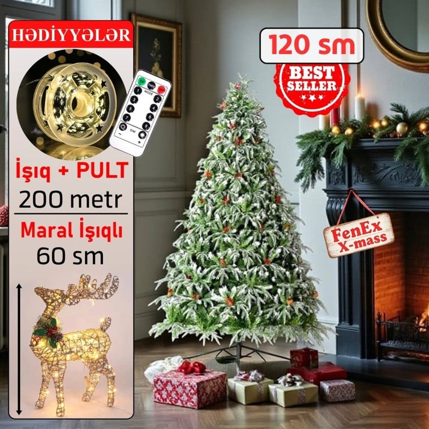 ᐈ Yeni il şam ağacı FenEx, hündürlüyü 120 sm, hədiyyə: işıqlı maral 60 sm və rosa işıq 200 metr ...