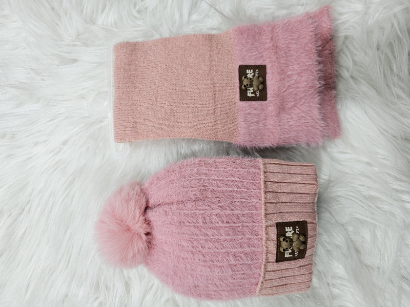 ᐈ Qızlar üçün papaq + şərf dəsti Fluffy Teddy, çəhrayı, akril/elastan ...