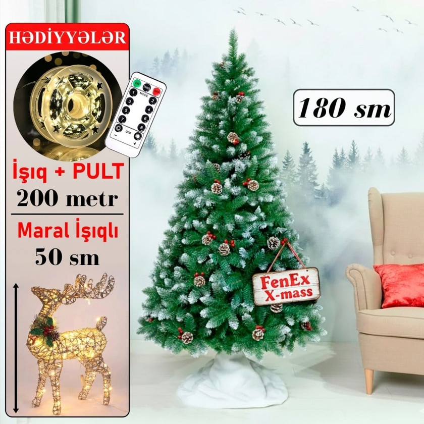 ᐈ Yeni il üçün şam ağacı FenEx, 180 sm + hədiyyə: işıqlı maral 50 sm və ...