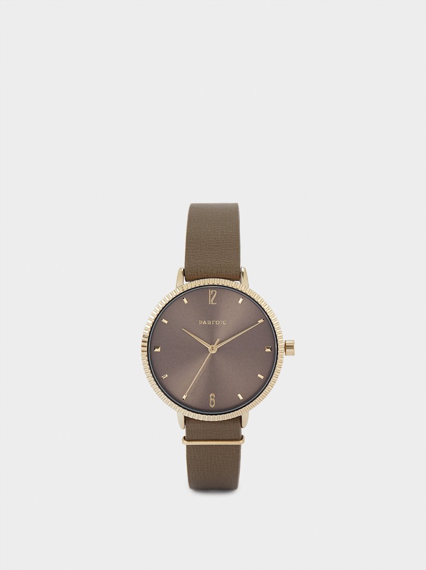 Наручные часы Parfois Watch With Textured Leather Wristband Khaki ...