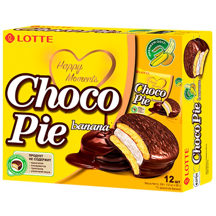 Печенье в шоколадной глазури Lotte Choco Pie со вкусом банана, 336 г (28 г х 12 шт) - купить в ...